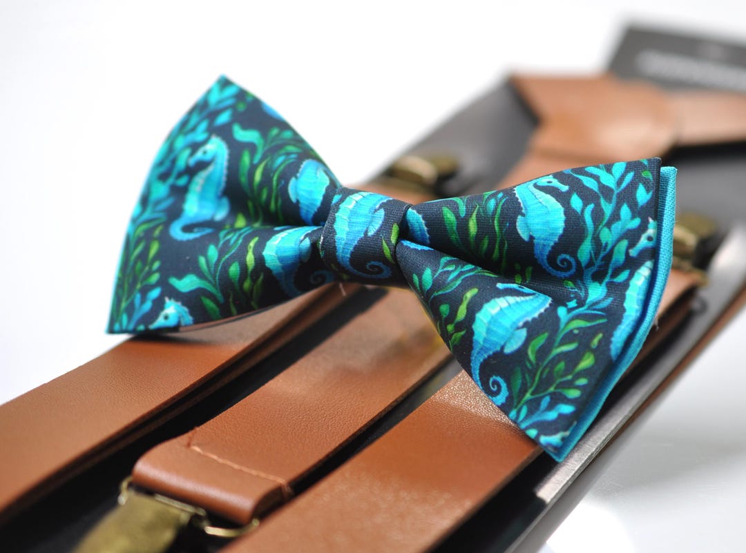 Blue Seahorse & Seaweed Black Bow Tie Bow Tie Fathers Day Bowtie + Tan ...