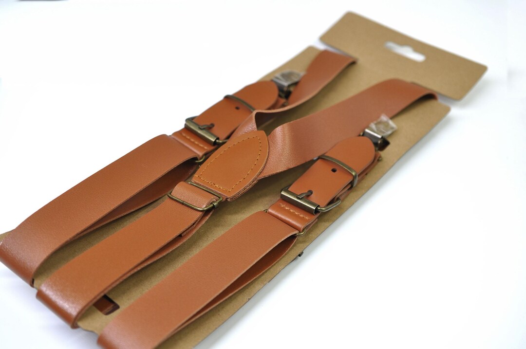 25mm Wide Y-back Tan Brown Faux Leather Adjustable Design Suspenders ...