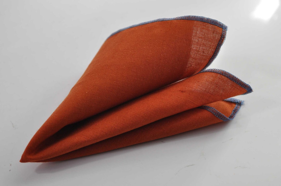 Burnt Orange Linen Pocket Square With Navy Blue Edge Wedding Formal ...