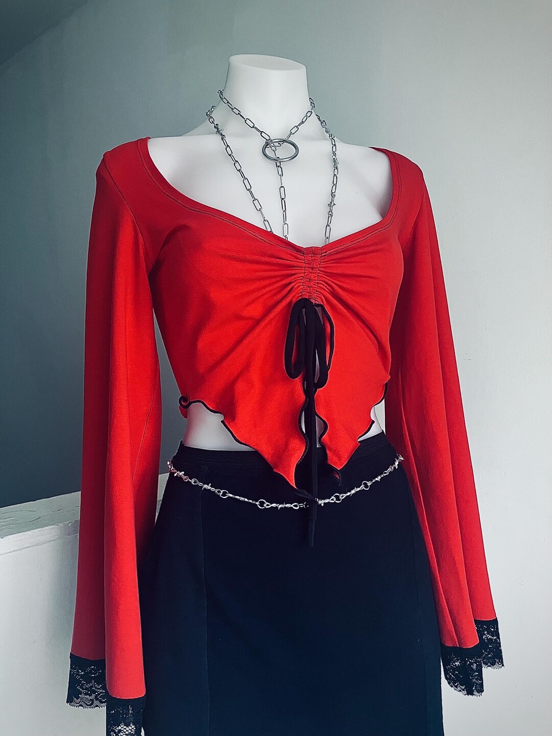Y2k Cropped Cardigan, Red Bell Sleeve Shrug, Goth Emo Valentines Date ...