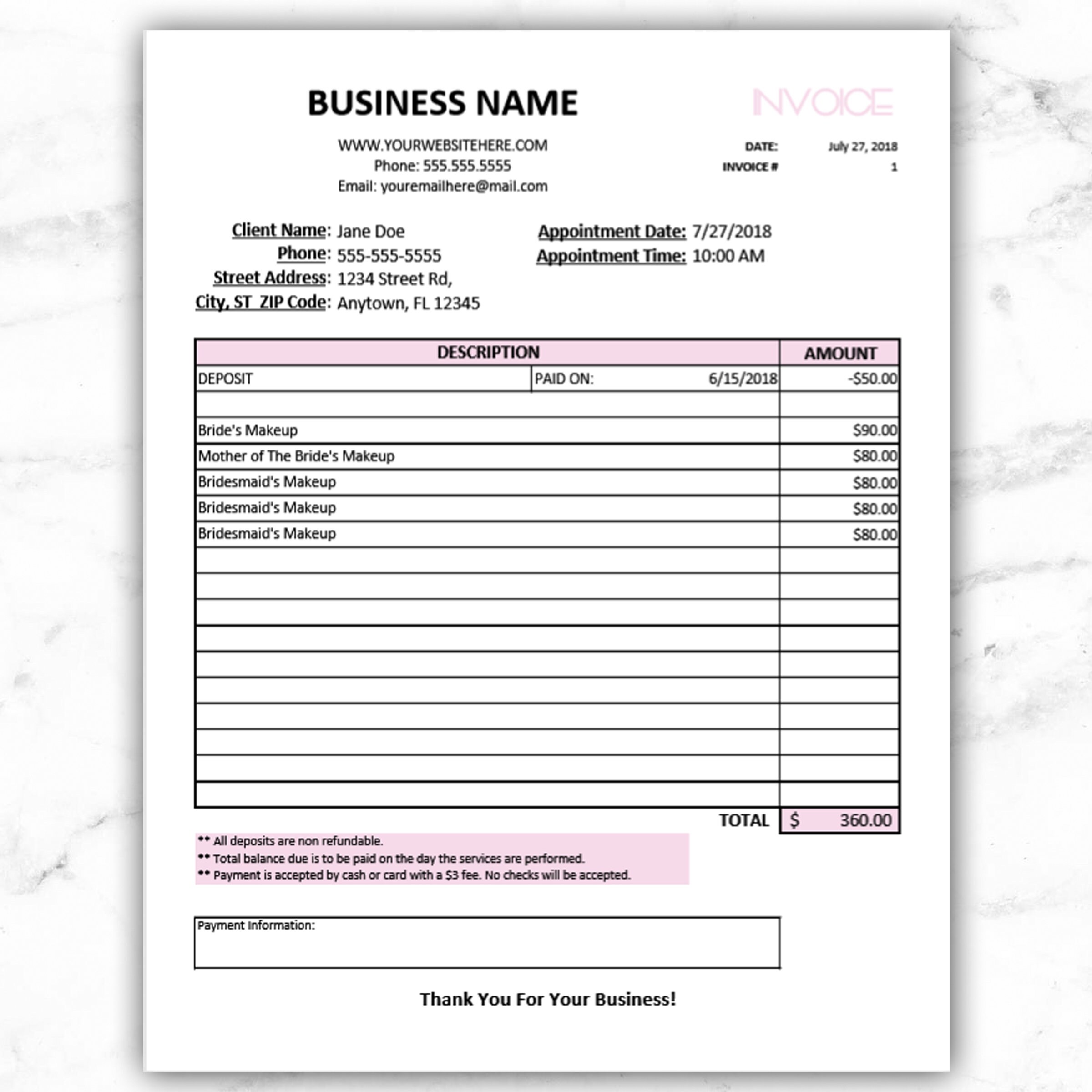 Makeup Artist Client Invoice Receipt Freelance MUA Form Etsy Denmark