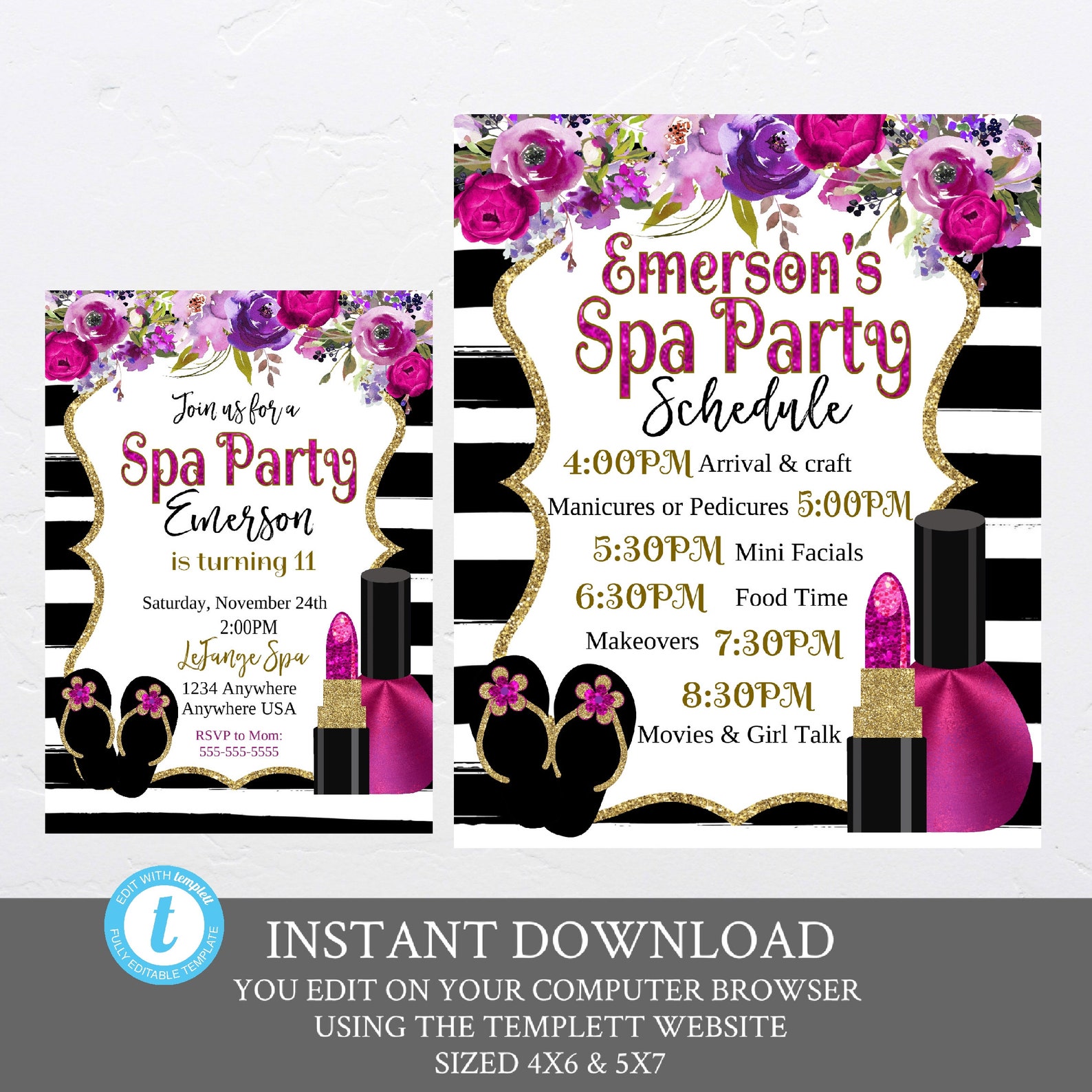 Spa Party Invitation and Schedule Matching Invite and Large | Etsy