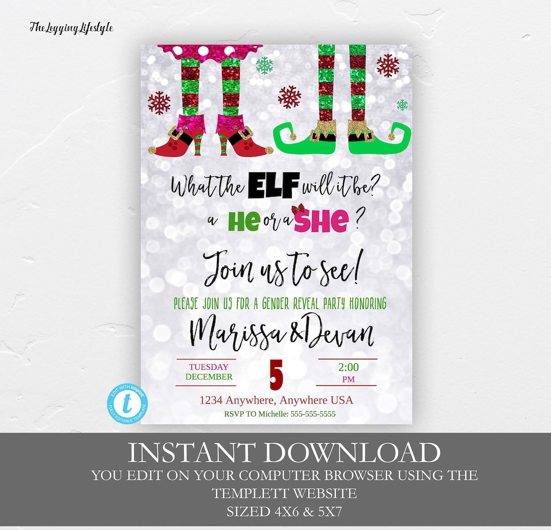 Elf Gender Reveal Invitation, Christmas Gender Reveal Invitation ...