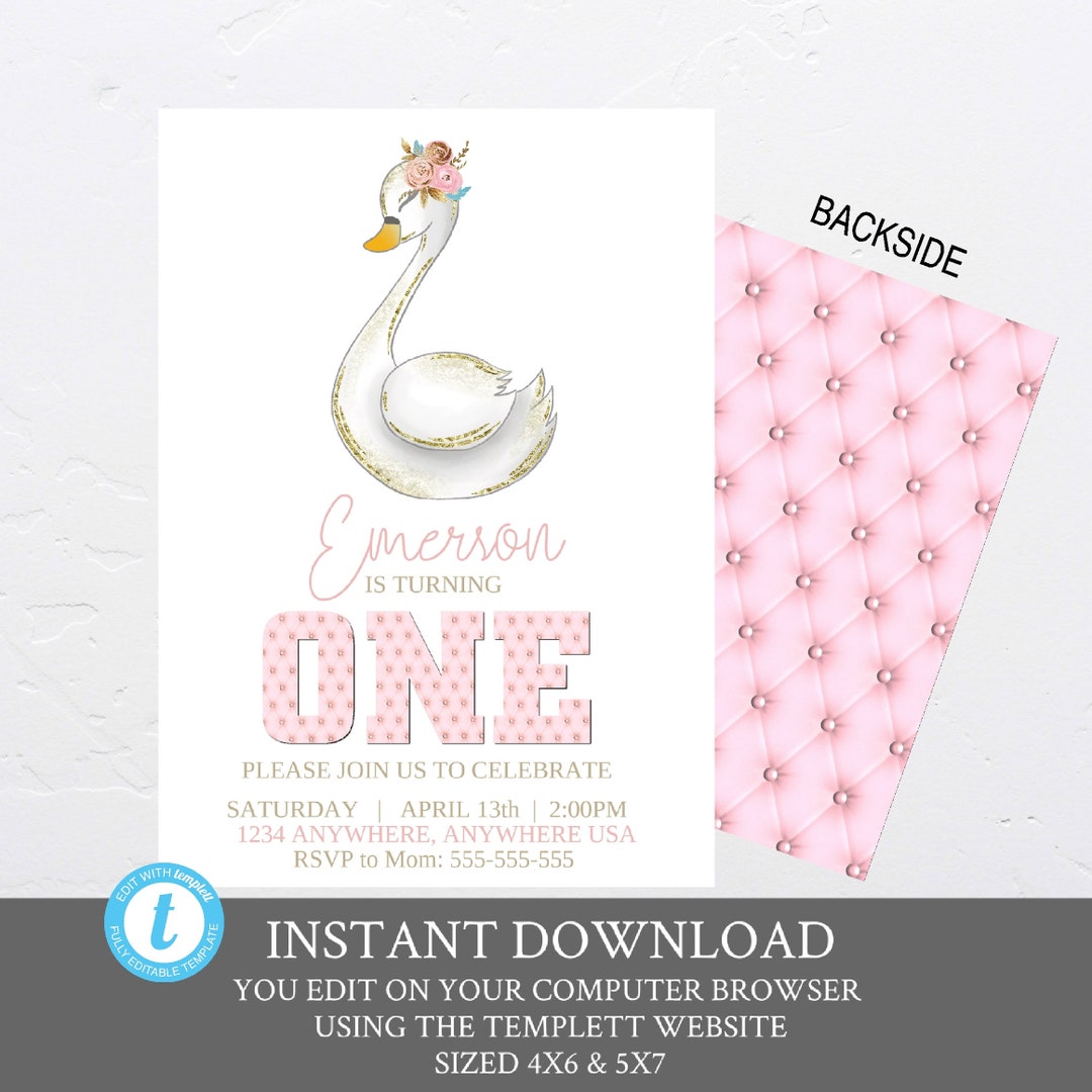 Swan First Birthday Invitation. Baby Girl Birthday Invite, 1st Birthday ...