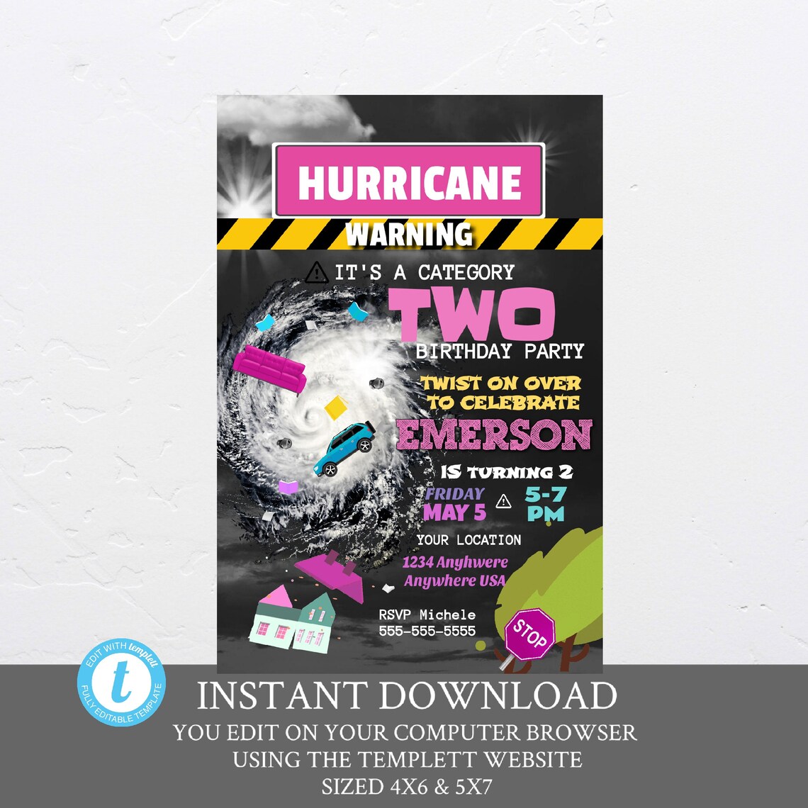 Hurricane Birthday Invitation, Girls Glitter Hurricane Theme Invite ...
