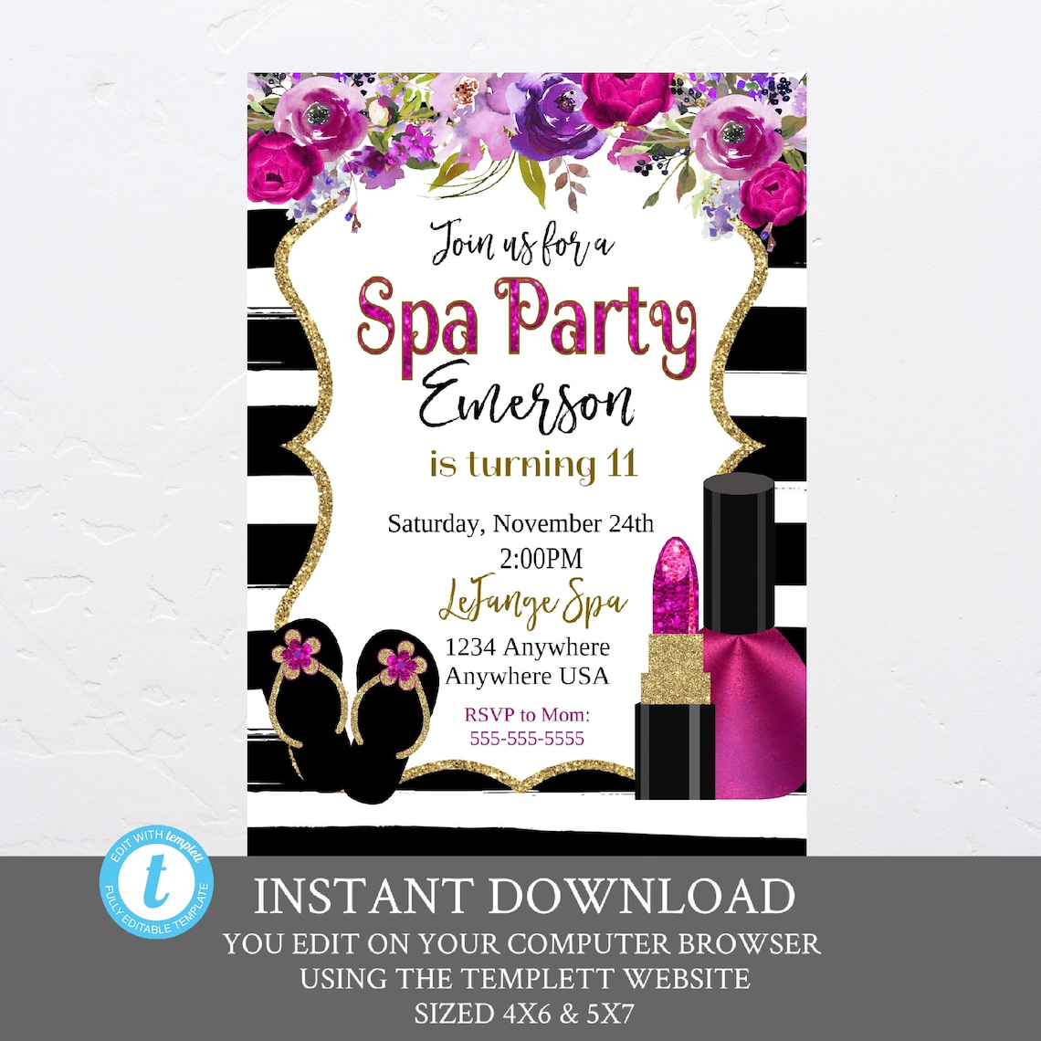 Spa Party Invitation and Schedule, Matching Invite and Large Time Line ...