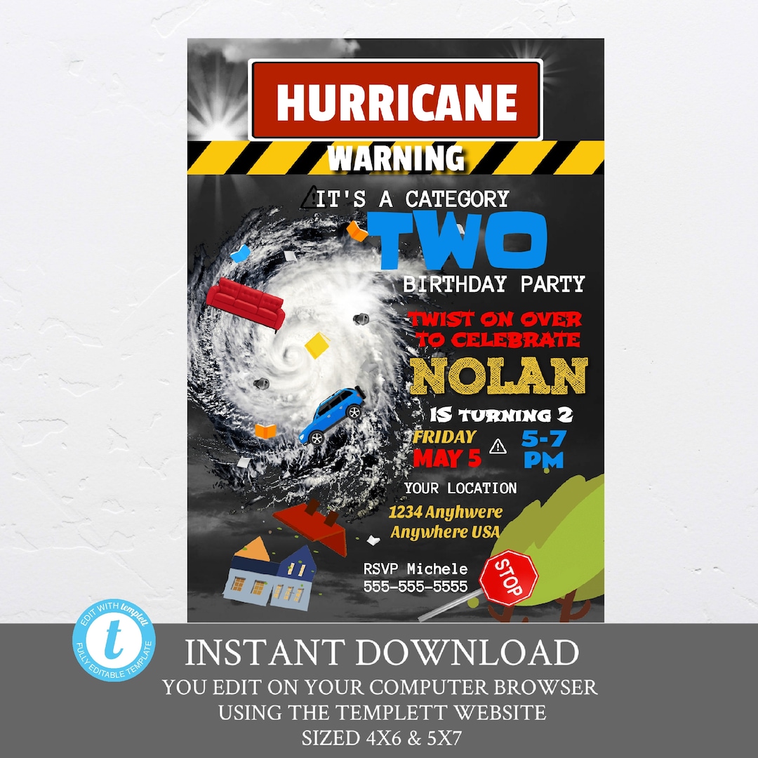 Hurricane Birthday Invitation, Category Two Hurricane Theme Invite ...