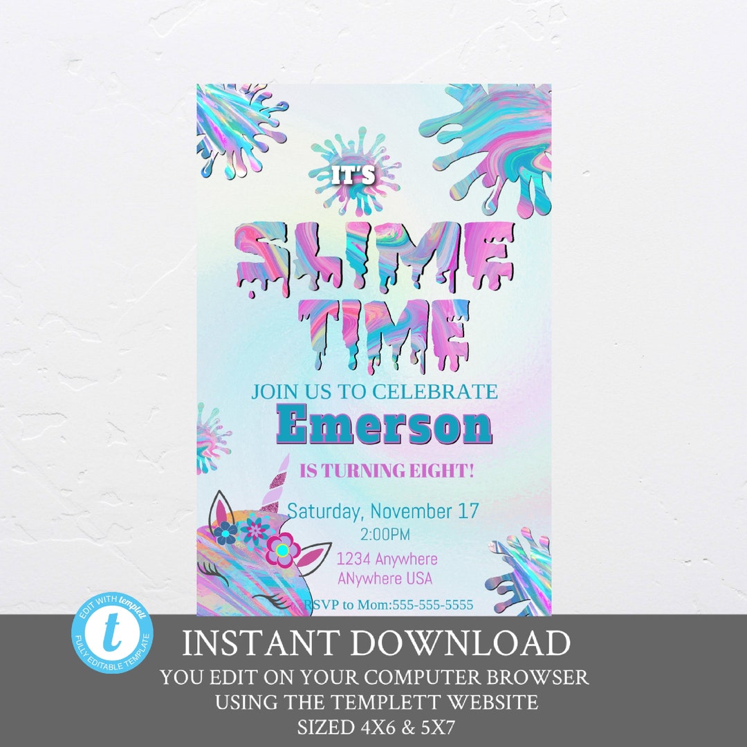 Unicorn Slime Invitations, Slime Time Invitation - Slime Theme Party ...