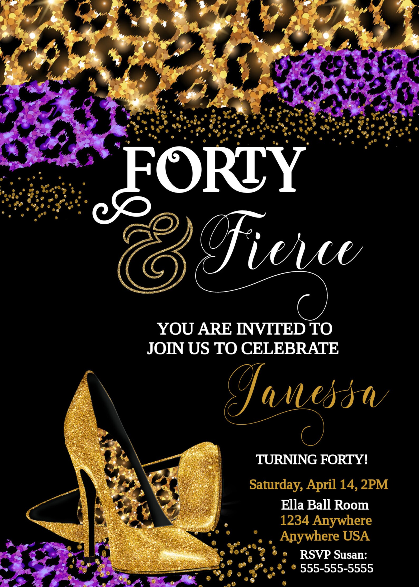 Forty and Fierce Birthday Party Invitation, Purple Leopard Print ...