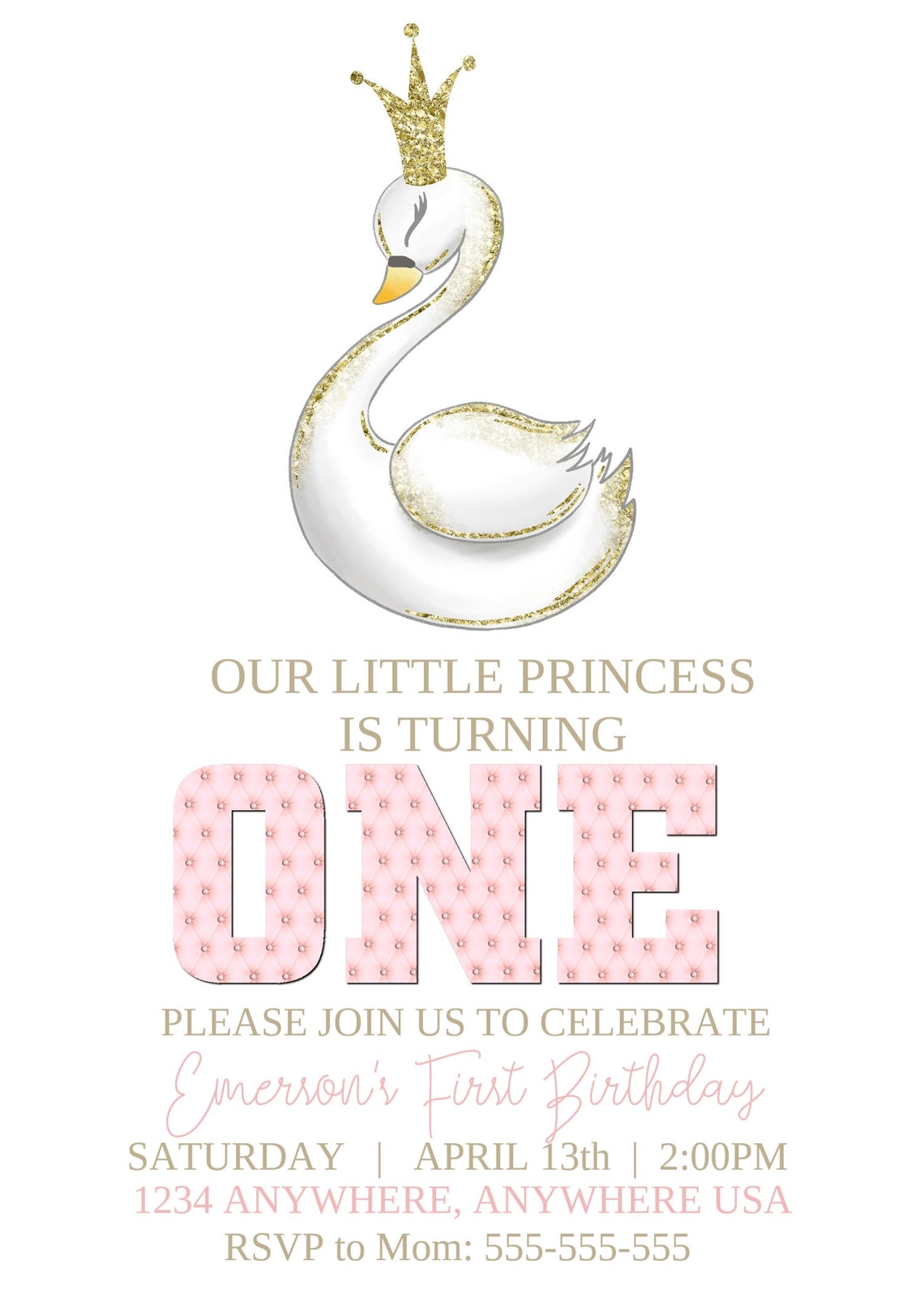 Princess Swan First Birthday Invitation. Baby Girl Birthday | Etsy