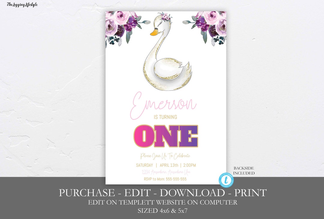 Swan First Birthday Invitation Editable Printable Purple Floral Swan ...