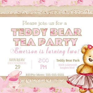 Teddy Bear Tea Party Birthday Invitation, Teddy Bear Balloon Invite ...
