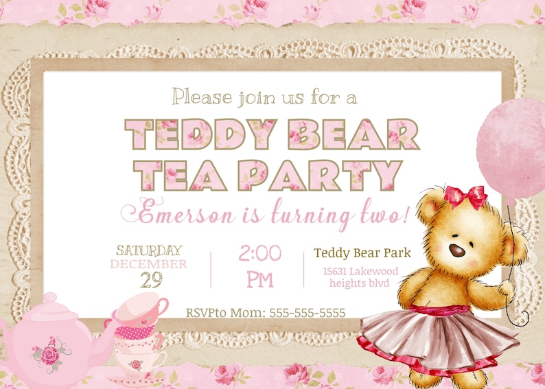 Teddy Bear Tea Party Birthday Invitation Teddy Bear Balloon - Etsy