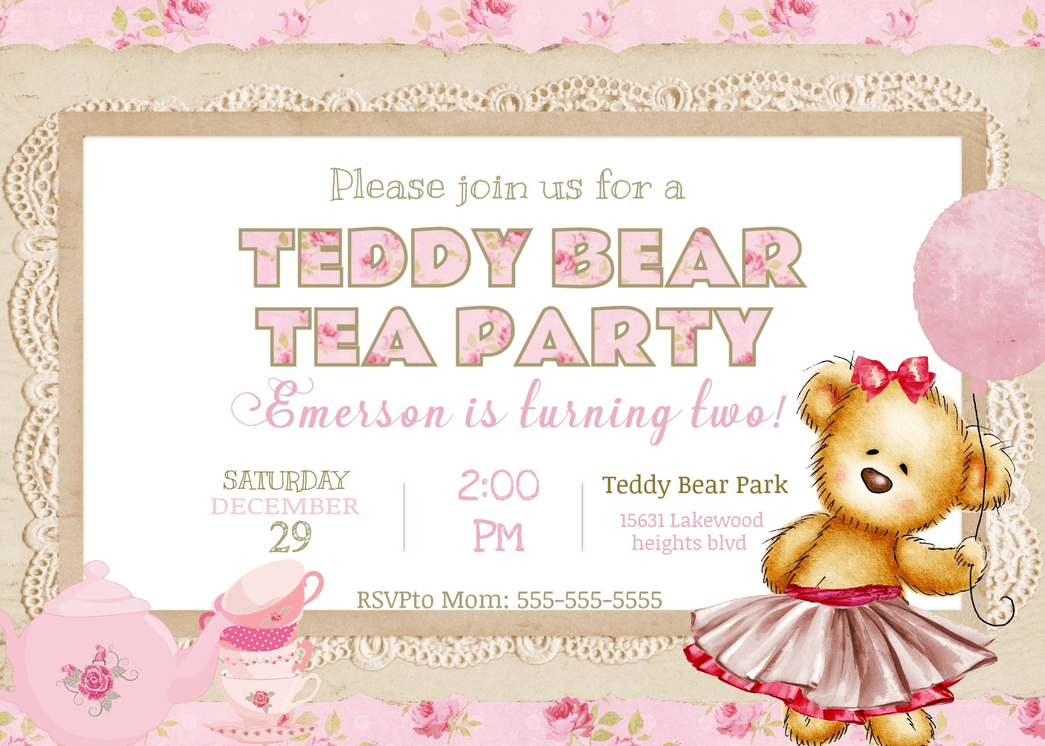 Teddy Bear Tea Party Birthday Invitation, Teddy Bear Balloon Invite ...