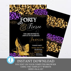 Forty and Fierce Birthday Party Invitation, Purple Leopard Print ...