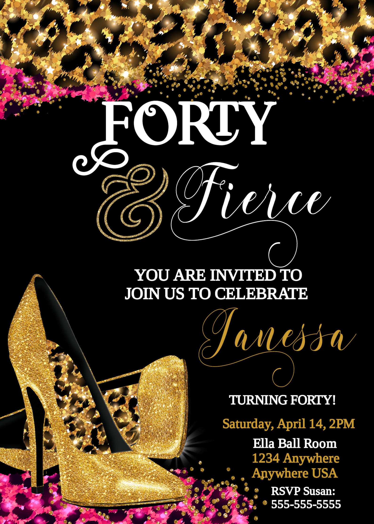 Forty And Fierce Birthday Party Invitation Leopard Print Etsy