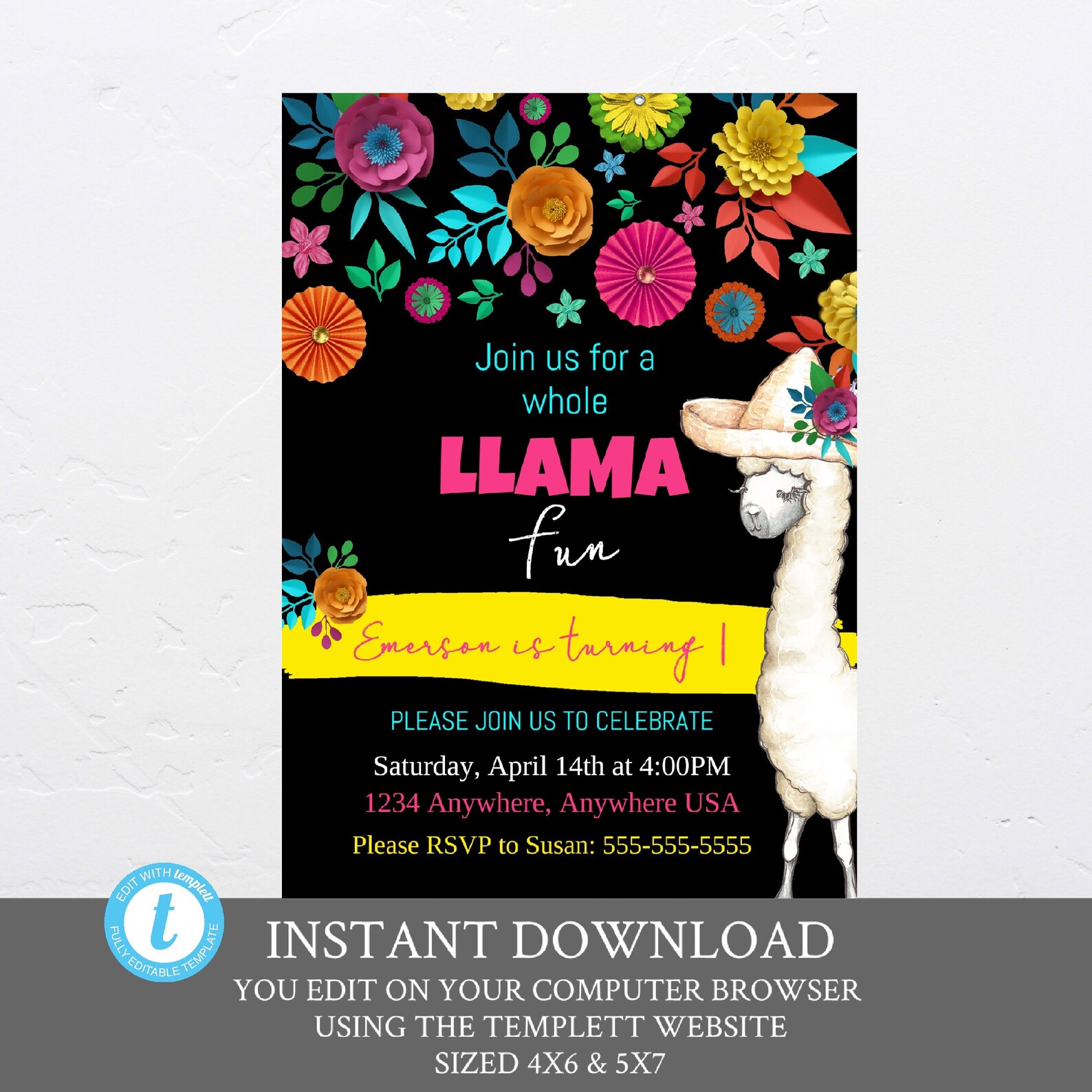 LLAMA Fiesta Birthday Invitation, A Whole Llama Fun First Birthday, Any ...