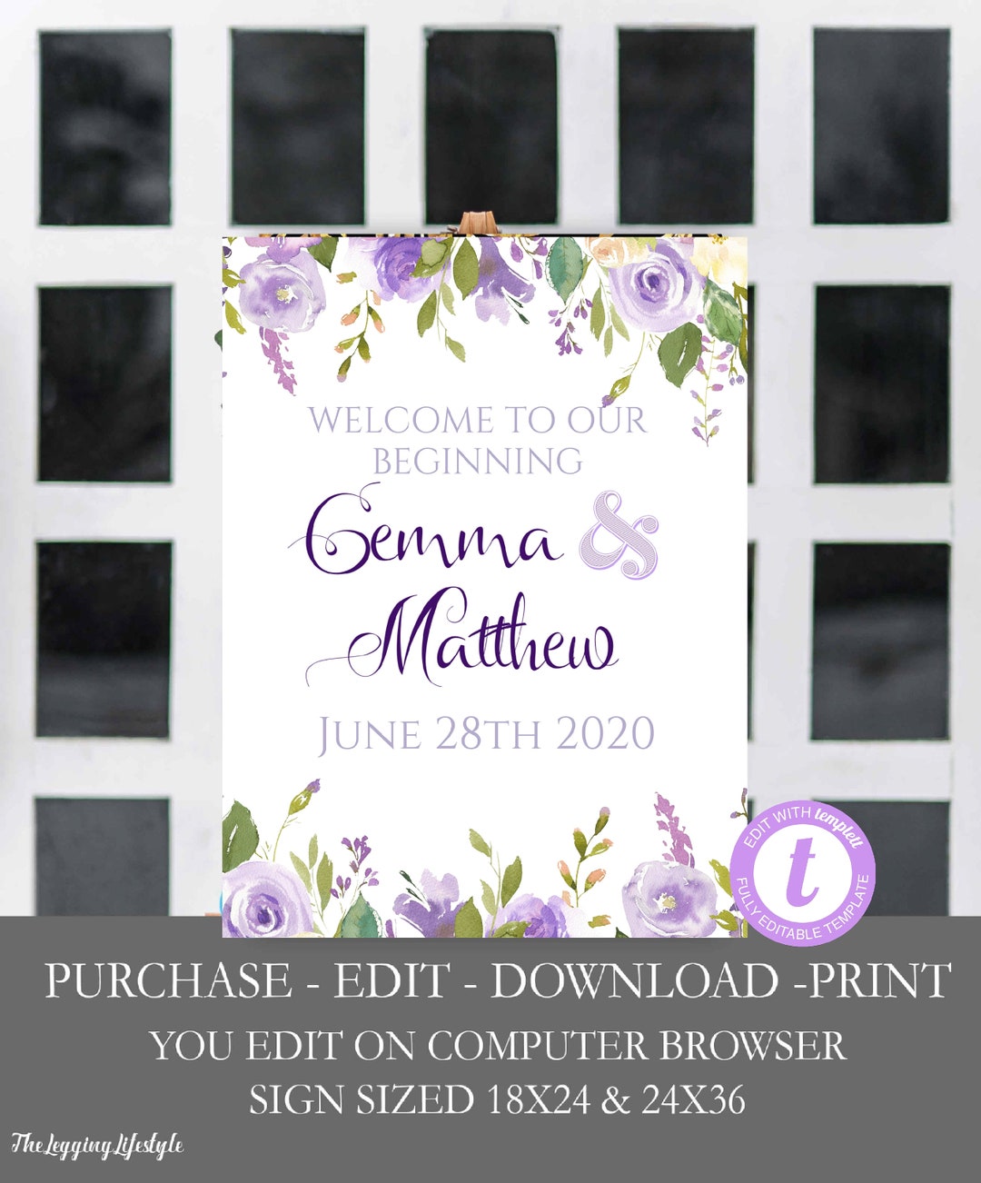 Purple and Gold Floral Welcome Sign, You Edit, Purple Watercolor Floral ...