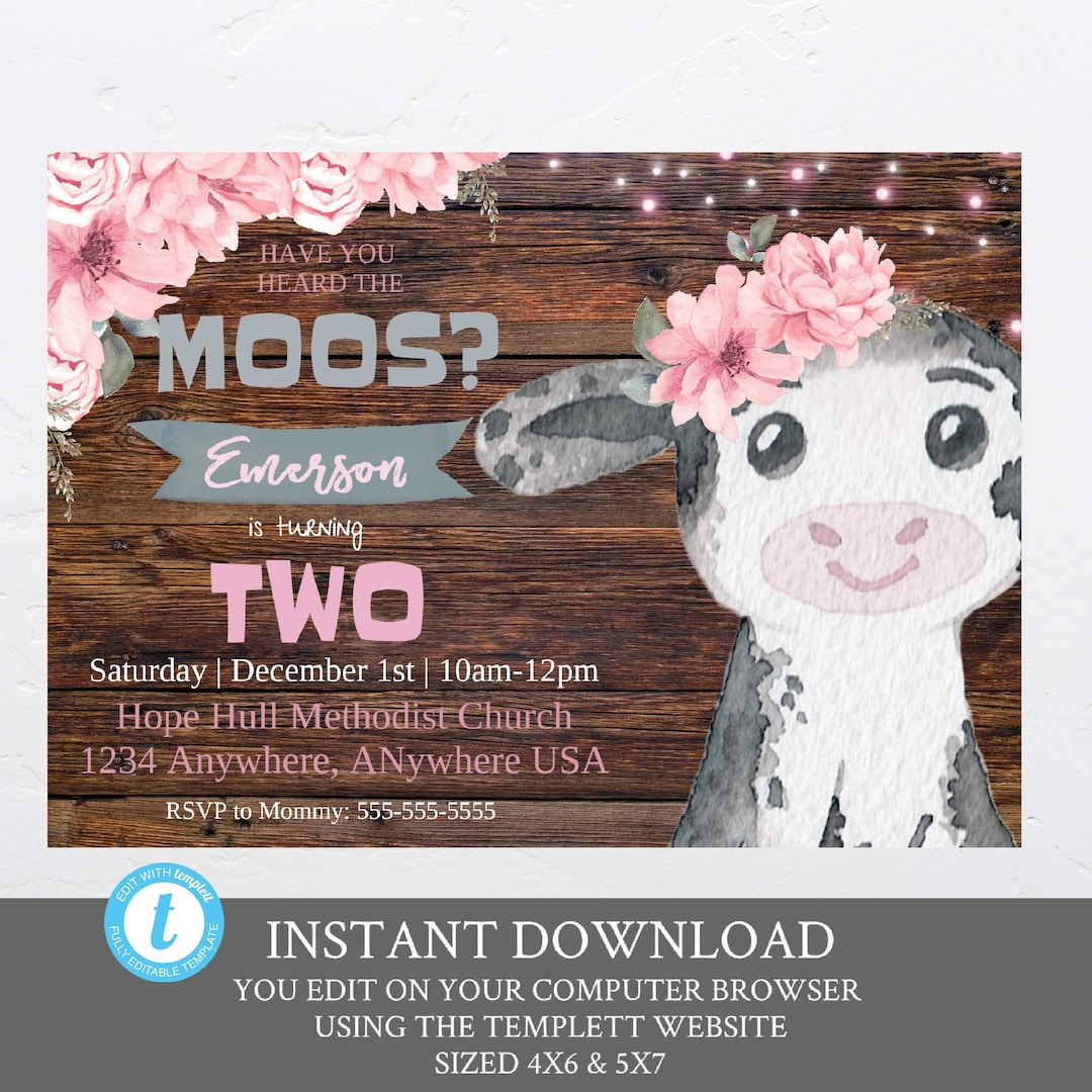 Baby Cow Invitations, Barnyard Birthday Invitation Pink - Rustic Pink ...