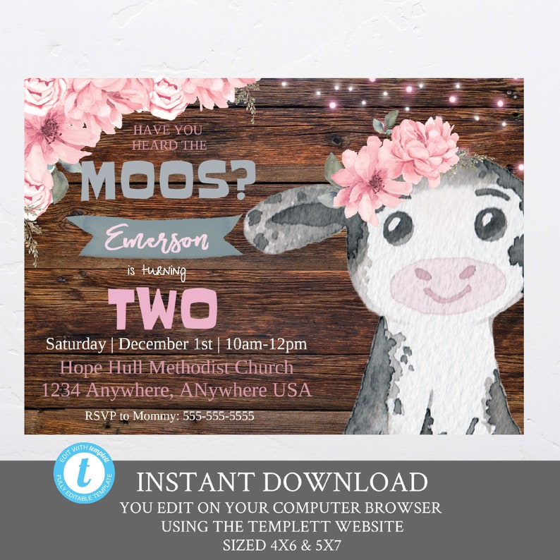 Baby Cow Invitations Barnyard Birthday Invitation Pink Etsy