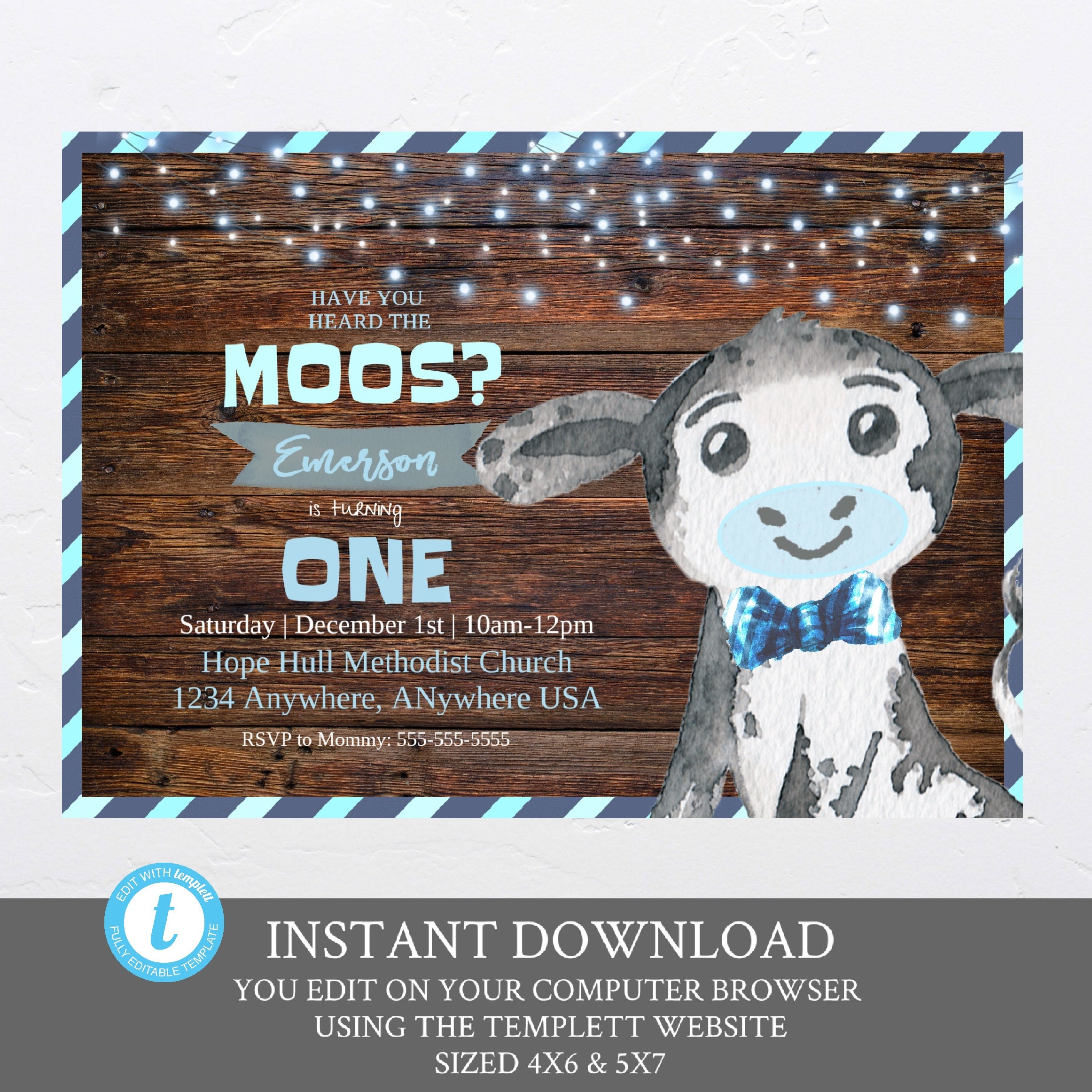 Baby Cow Invitations, Barnyard Birthday Invitation Boys - Rustic Blue ...