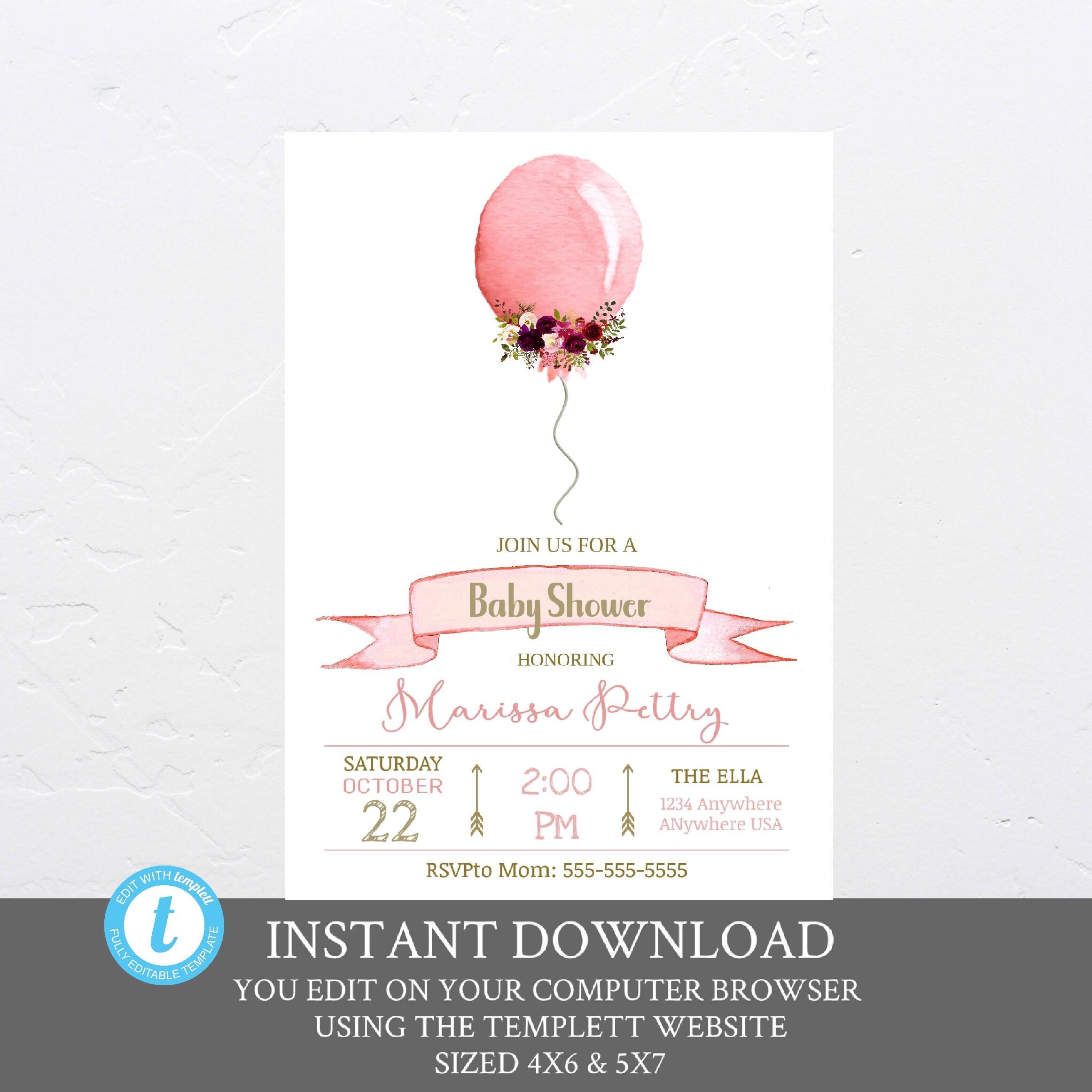 Balloon Baby Shower Invitation. Baby Girl Shower Invite Baby | Etsy