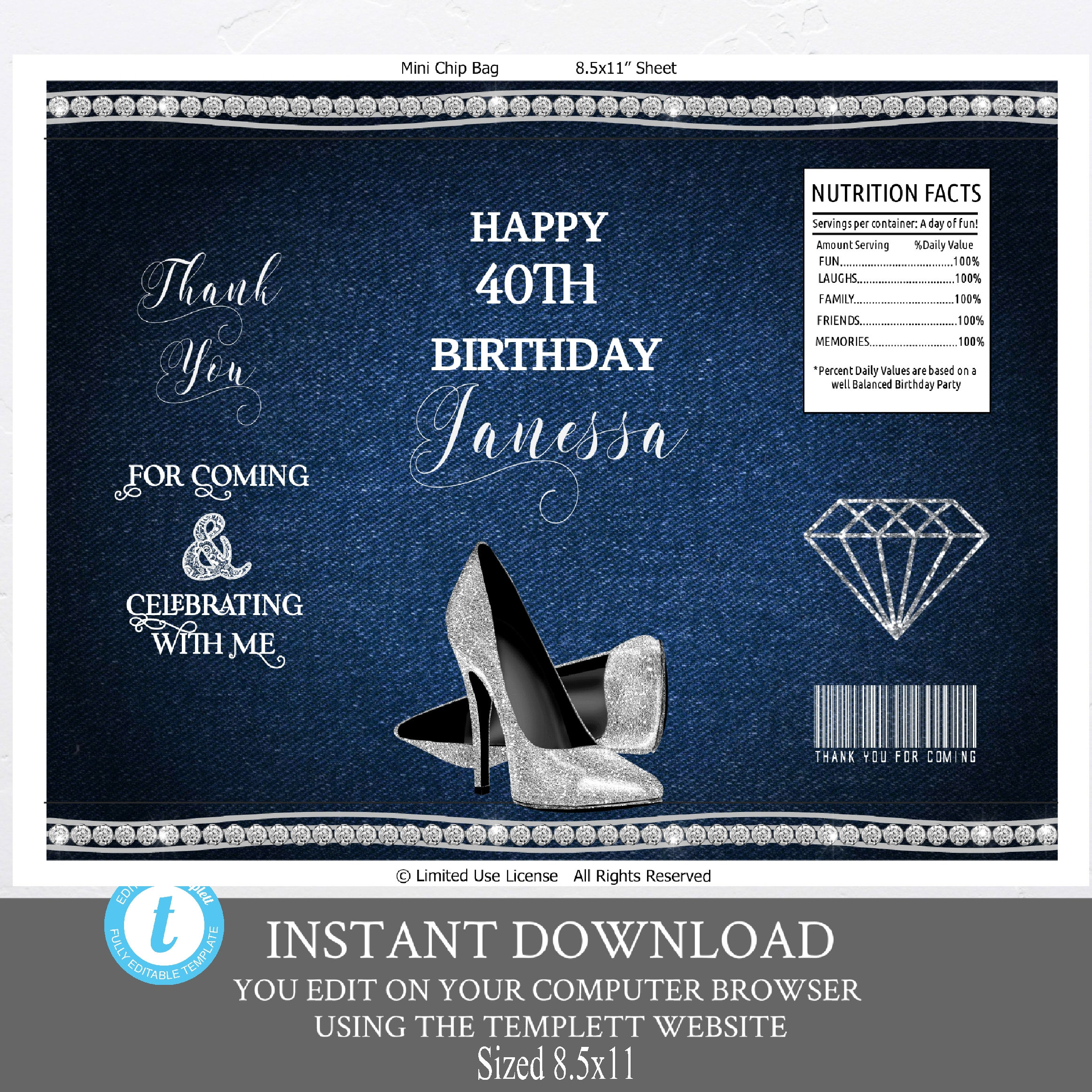 Denim and Diamonds Chip Bag Label, Elegant Women Water Label 30th 40th ...