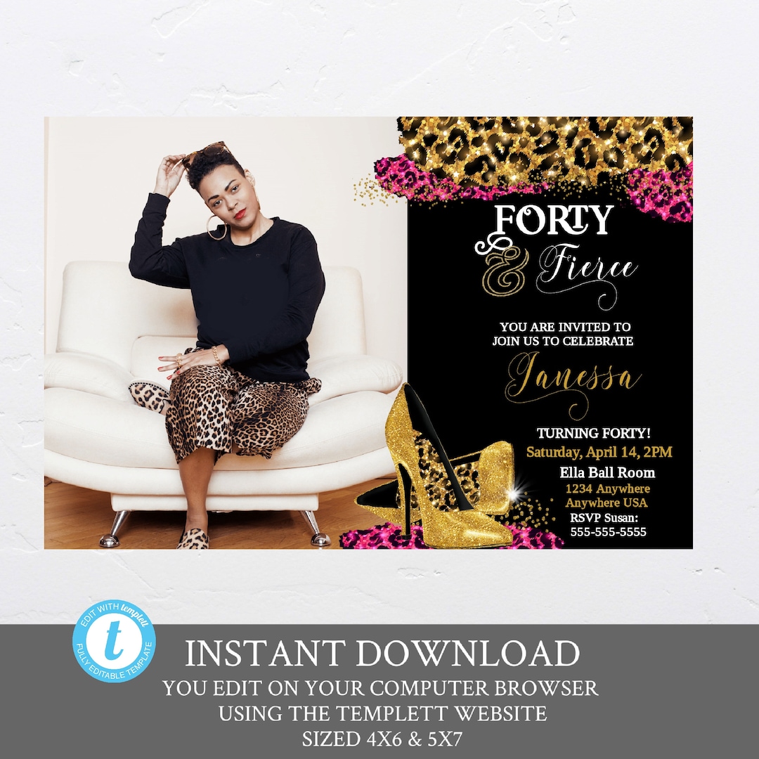 Forty and Fierce Birthday Party Invitation, Leopard Print Elegant ...