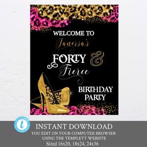 Forty and Fierce Birthday Party Welcome Sign, Leopard Print Elegant ...