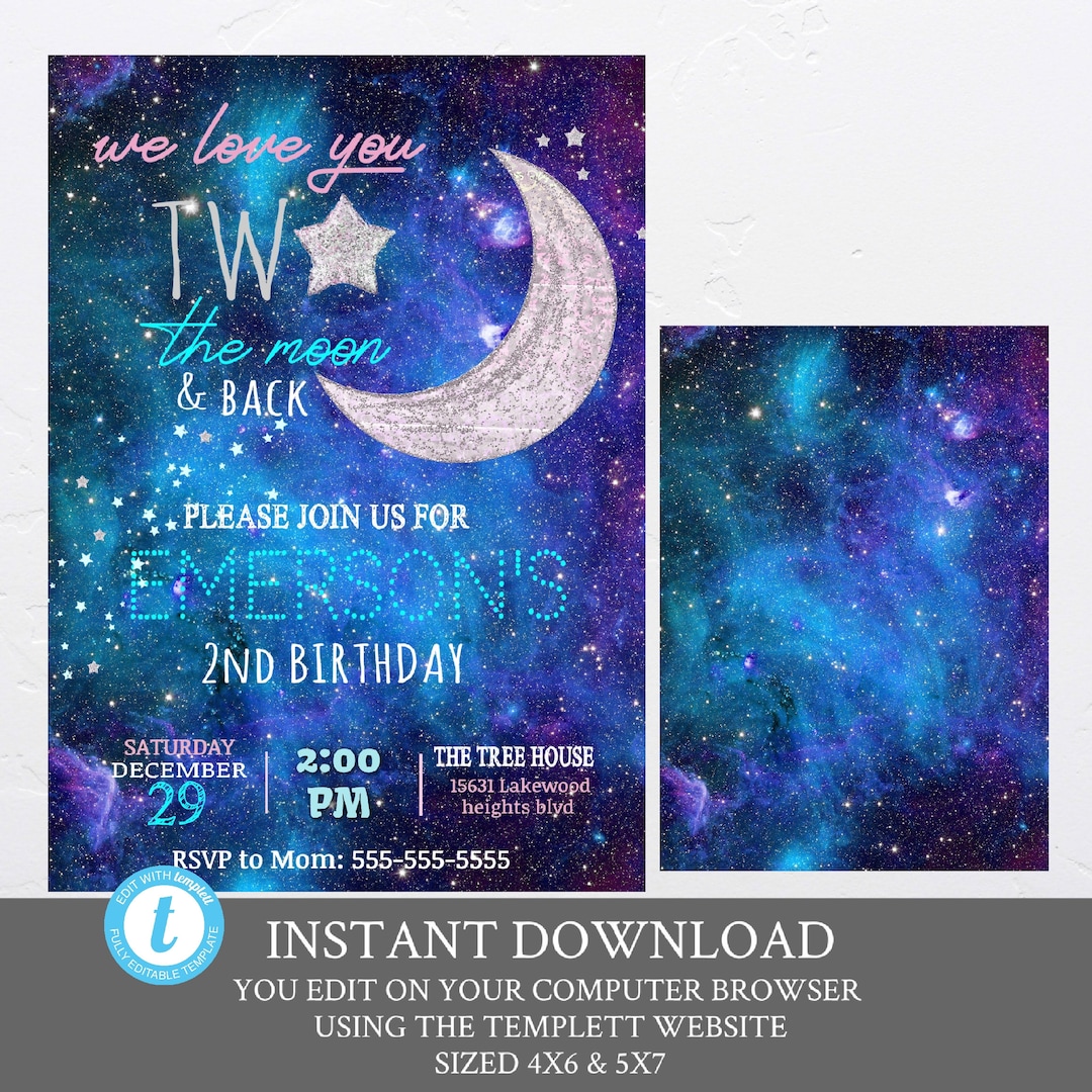 Love You TWO the Moon and Back Invitation, Girls Outer Space Birthday ...