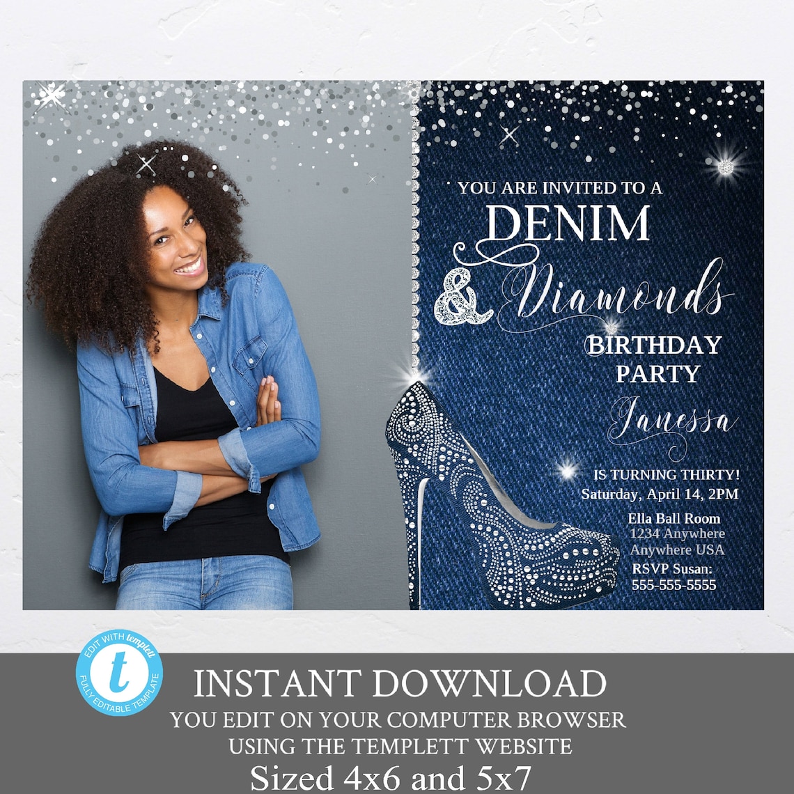 Denim and Diamonds Birthday Party Photo Invitation Elegant - Etsy