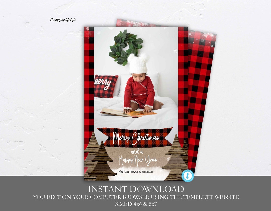 Photo Christmas Card Template, Plaid Christmas Card With Photo, Happy ...