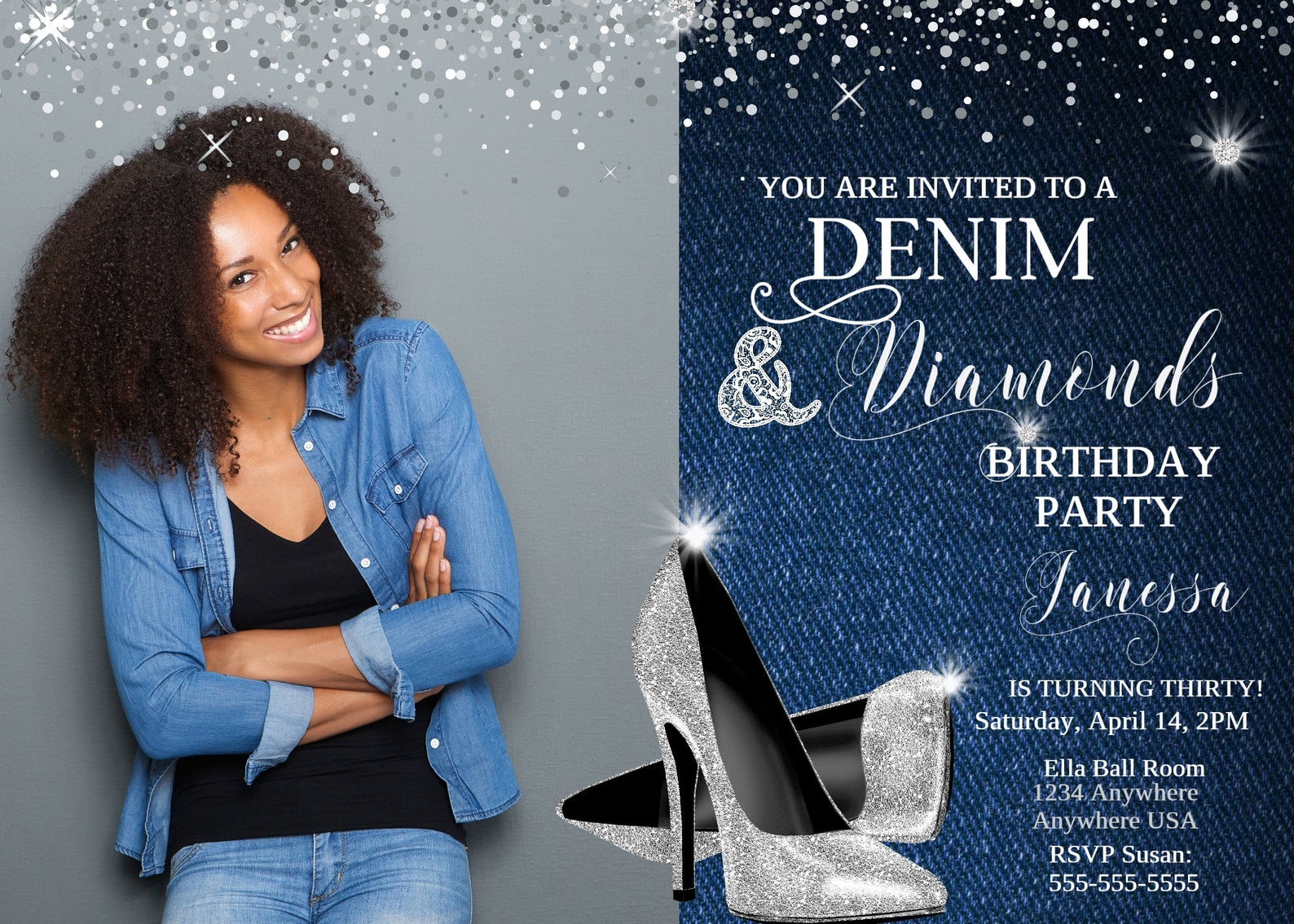 Denim and Diamonds Birthday Party Photo Invitation, Elegant Women ...