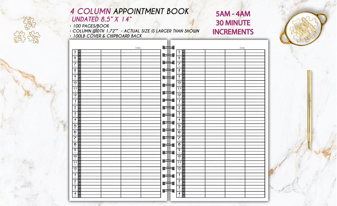 4 COLUMN UNDATED Appointment Book • Hairstylist • Yearly Appointment ...