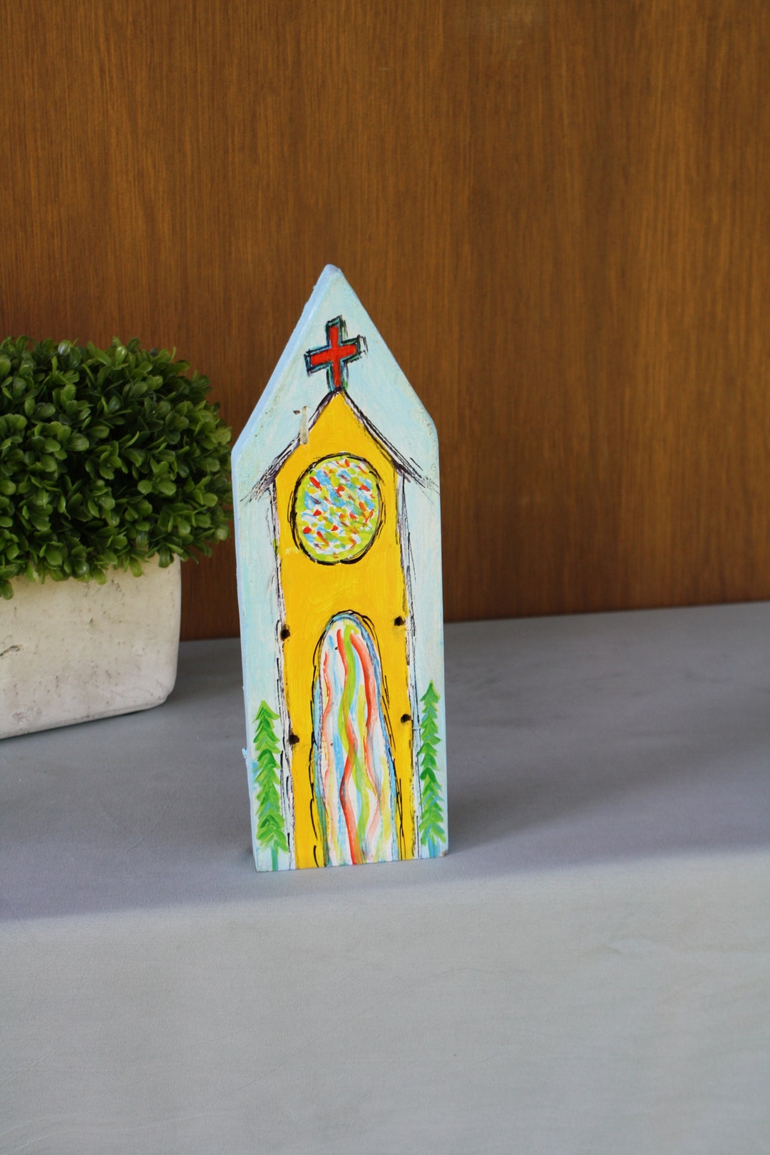Wood Block Church/hand Painted Multi-colored Church - Etsy