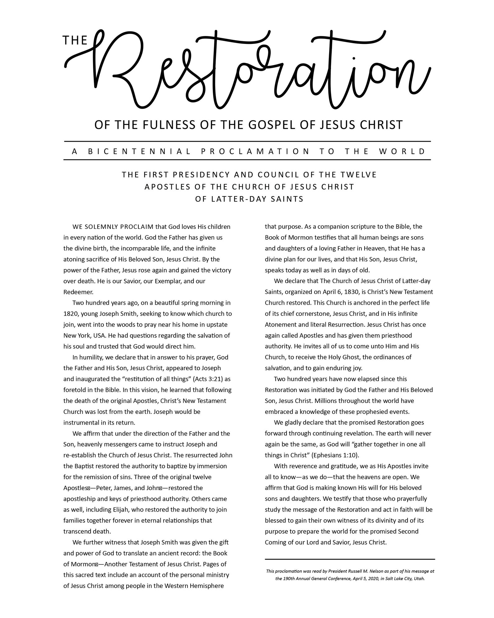 The Restoration of the Fulness of the Gospel of Jesus Christ ...