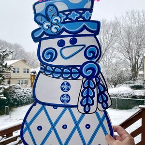 Snowman Door Hanger Sign, White and Blue Snowman Door Hanger Sign ...