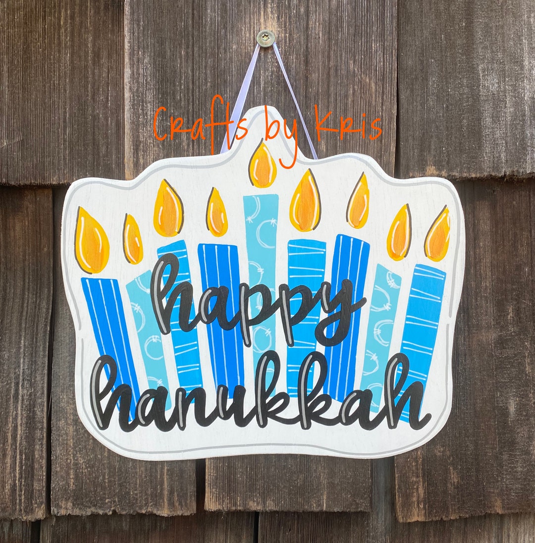 Happy Hanukkah Door Hanger Sign, Hanukkah Candles Door Hanger Sign ...