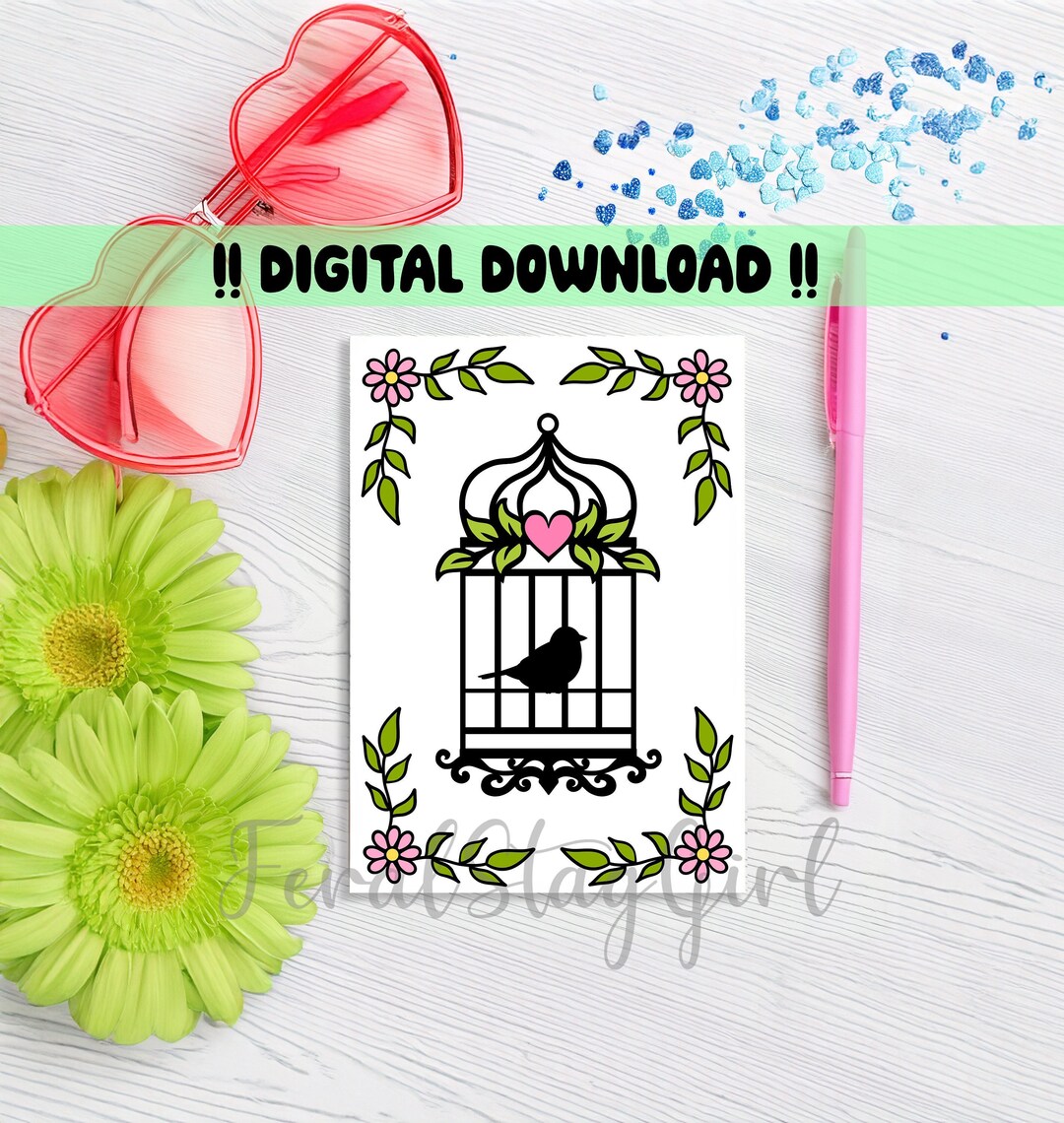 Printable Greetings Card Design - Blank Pretty Birdcage DIGITAL ...