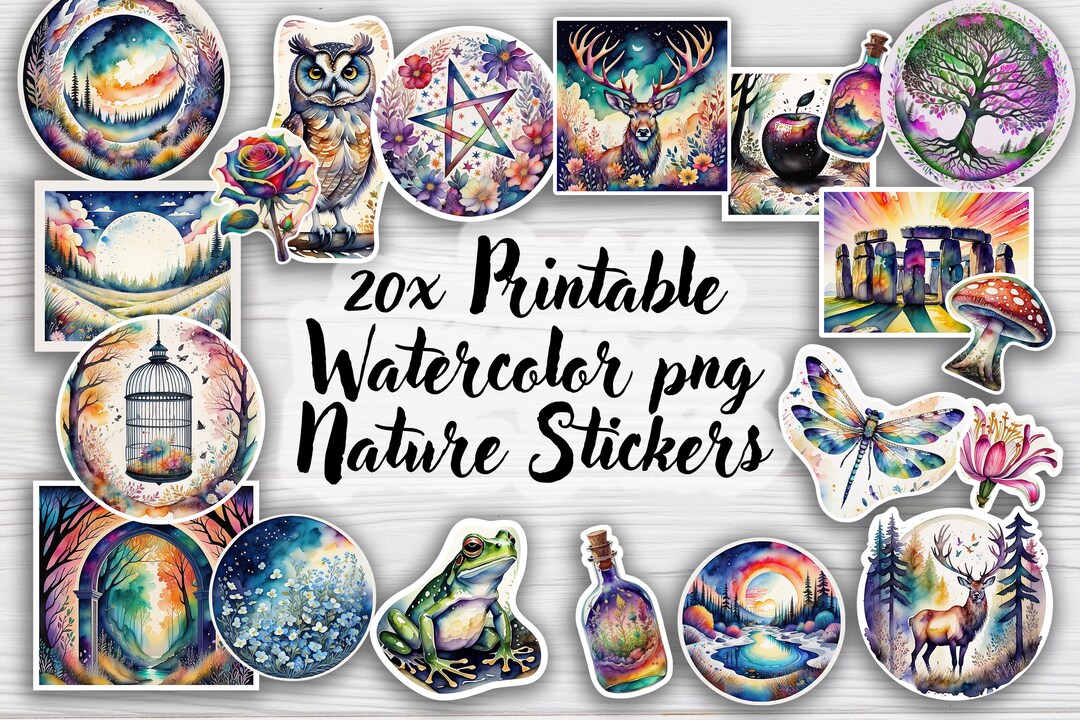20 X Watercolor Magical Nature Printable PNG Sticker Bundle / Digital ...