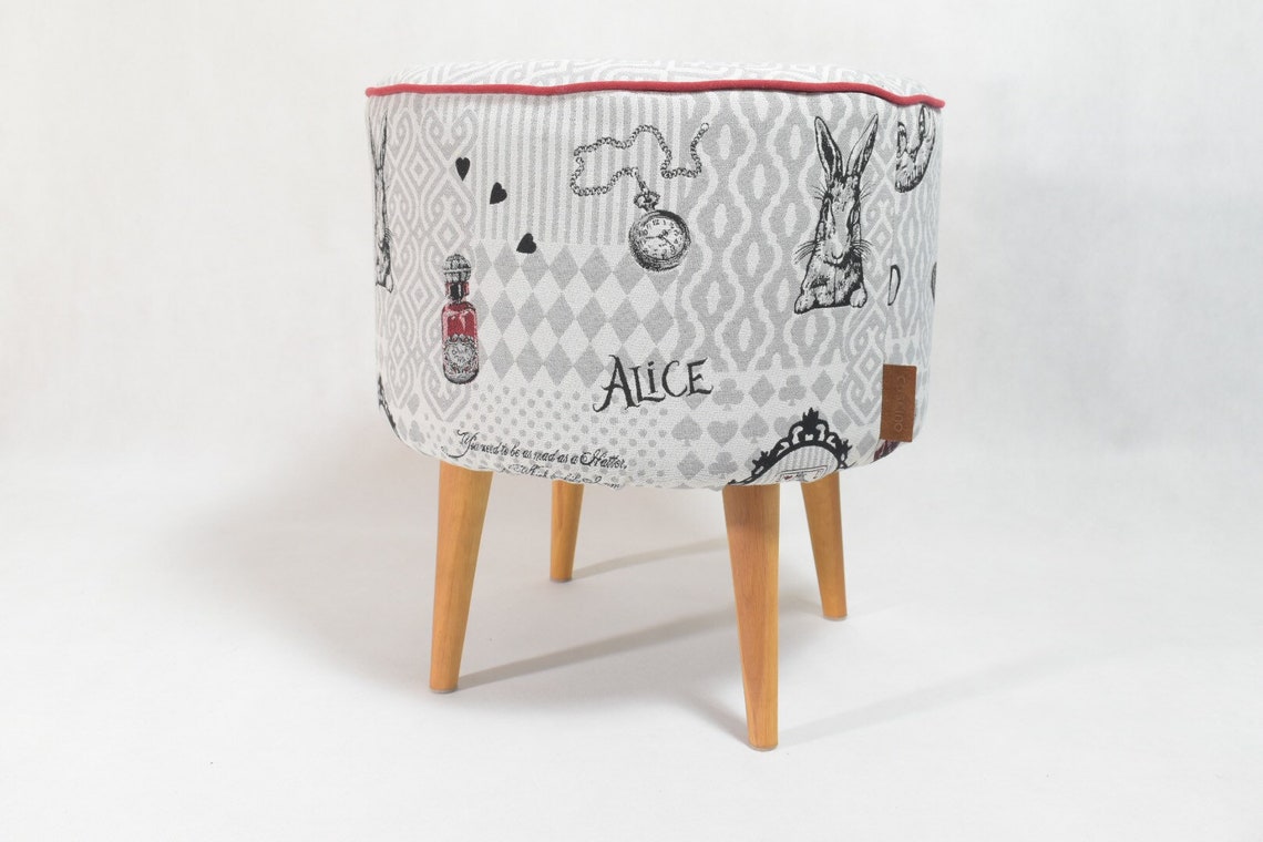 Alice in Wonderland Jacquard Pouf Black and White Footstool | Etsy