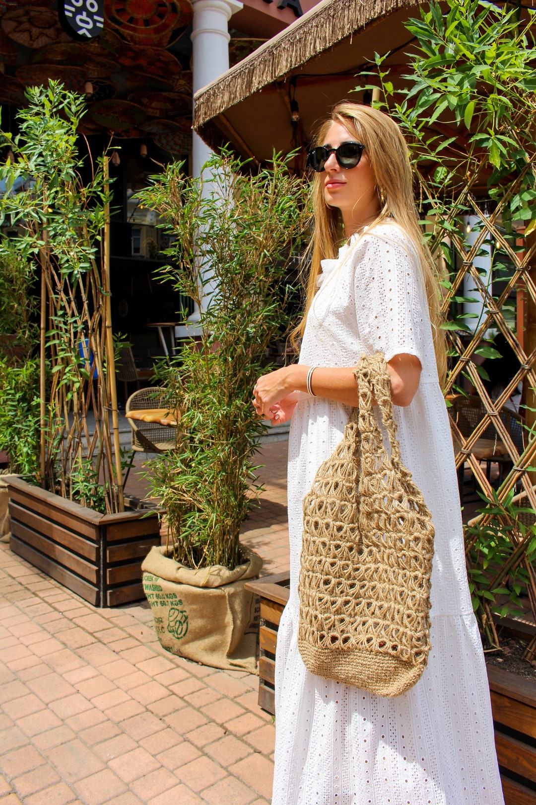 Crochet Jute String Bag, Handmade Crochet Natural Jute Grocery Bag, Eco ...
