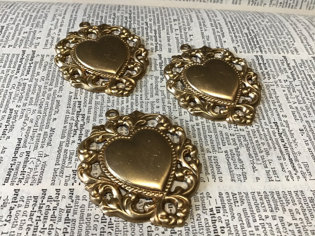 3 Vintage Brass Heart Charms, Stamped Brass Findings, Valentines Day ...
