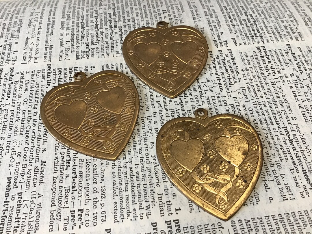 3 Vintage Brass Heart Charms, Stamped Brass Findings, Valentines Day ...