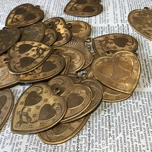 3 Vintage Brass Heart Charms, Stamped Brass Findings, Valentines Day ...