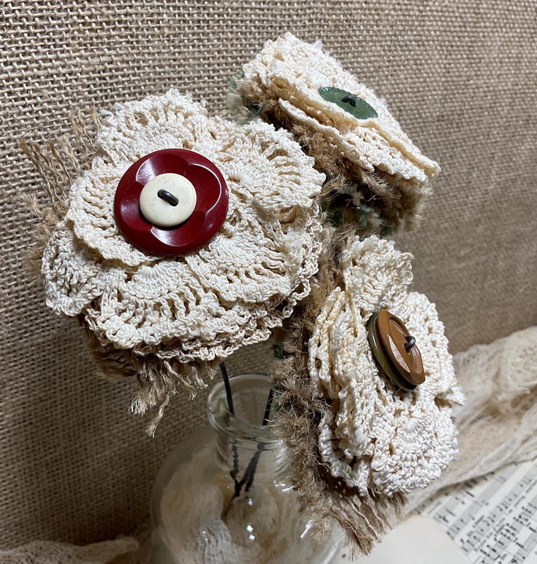 Vintage Doily Snippet Flowers in Old Glass Bottle Assemblage, Altered ...