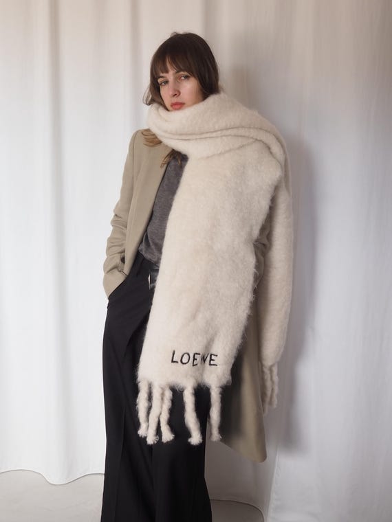 LOEWE Logo Mohair Stole Muffler Off White Vintage Aut… - Gem