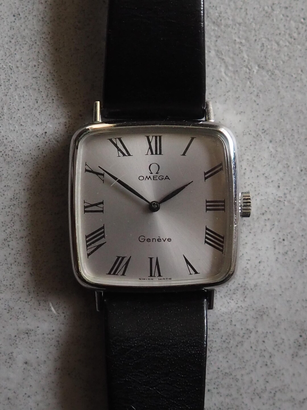 OMEGA Geneve Square Roman Watch Silver Color Stainless Steel Black ...