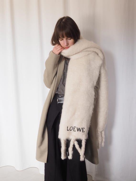 LOEWE Logo Mohair Stole Muffler Off White Vintage Aut… - Gem
