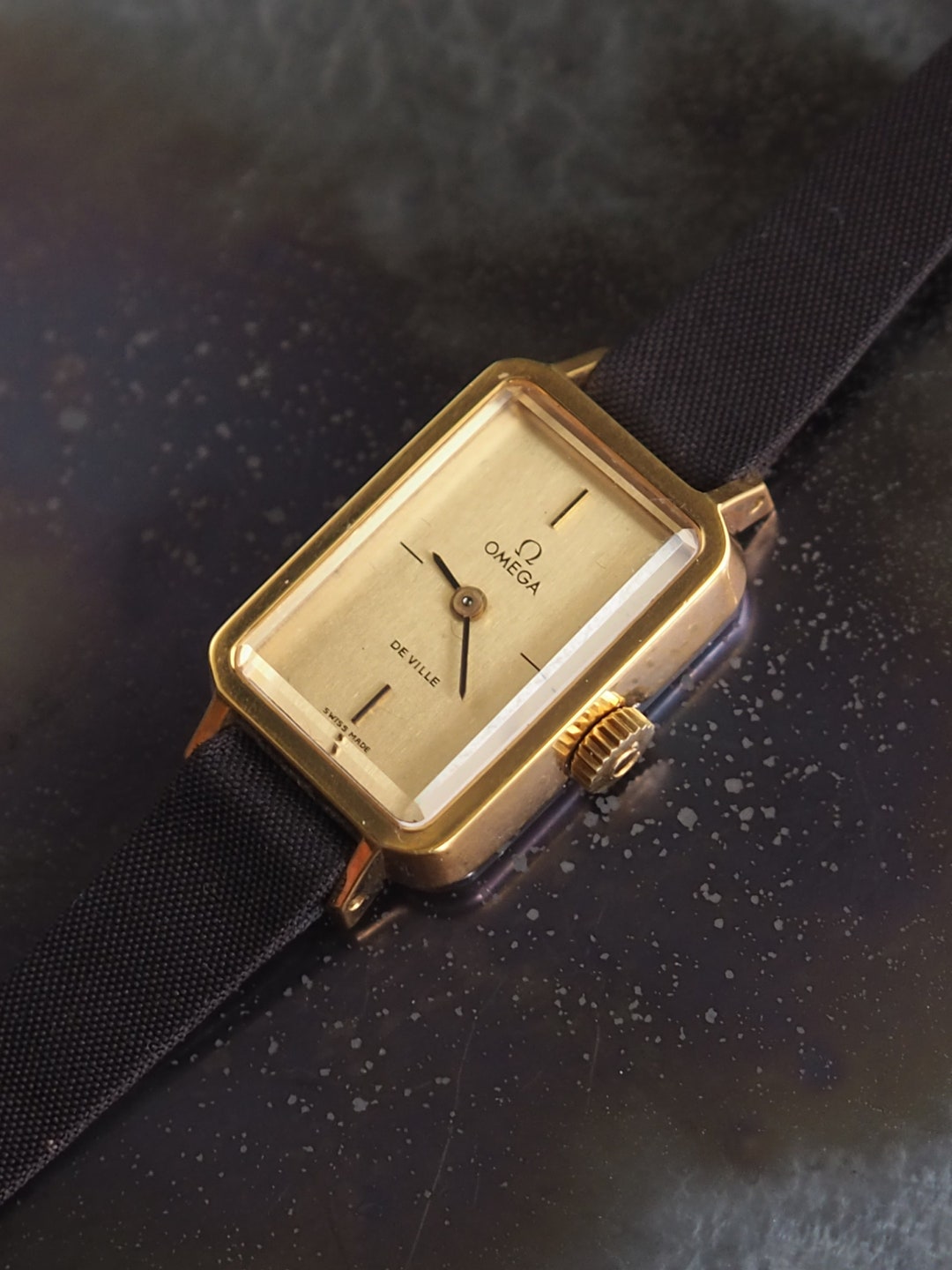 OMEGA DE VILLE Square Watch Gold Color Stainless Steel Dark Brown ...